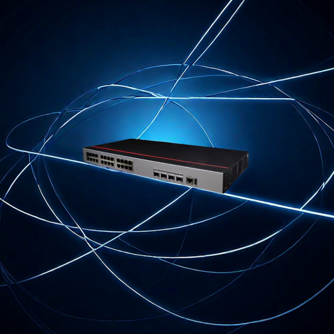Close-up of SFP+ uplink ports on the switch
