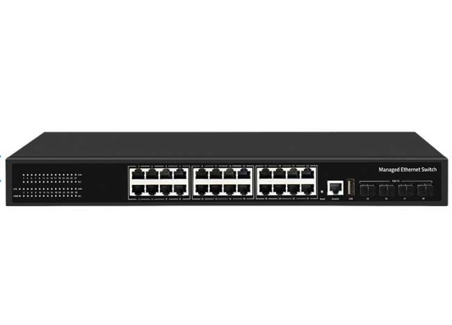 Front view of ZX-SWTG3424S 28-port network switch