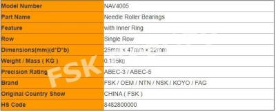 중국 Full Complement Needle Roller Bearings NAV4005 NAV4005K With Inner Ring 판매용