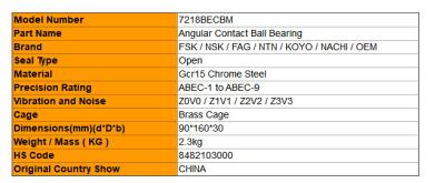 China Precise  Angular Contact Ball Bearings 7218BEP 7218BECBP 7218BECBM 7218BECBJ for sale