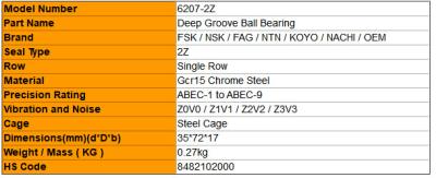 Китай глубокие шарикоподшипники паза 6207-2З с высокоскоростное малошумным продается