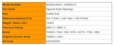 China TDI-Art HM266449DW/HM266410 TIMKEN Rollenlager spitzten sich doppelte innere Struktur zu zu verkaufen