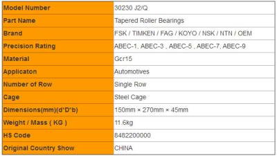 中国 高温 30230 J2/Q 先を細くされた軸受カタログの大口径 販売のため