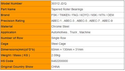 中国 高水準 GCr15 30312 J2/Q の先を細くされた軸受 Z1V1 Z2V2 販売のため