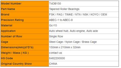中国 ISO の証明書 T4DB150 の低雑音および高速先を細くすることの軸受 販売のため