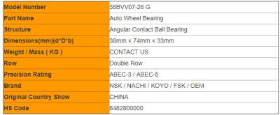 中国 トヨタ シボレーの自動車のためのABEC-5 2列38BVV07-26 Gの車輪ハブ軸受け 販売のため