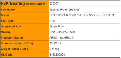 中国 P2 先を細くされた軸受 NSK 32005X は列の軸受を選抜します 販売のため