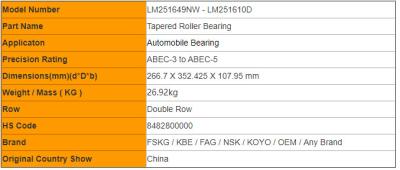 중국 이중 열 LM251649NW - LM251610D 원뿔 롤러 베어링, 큰 크기 판매용