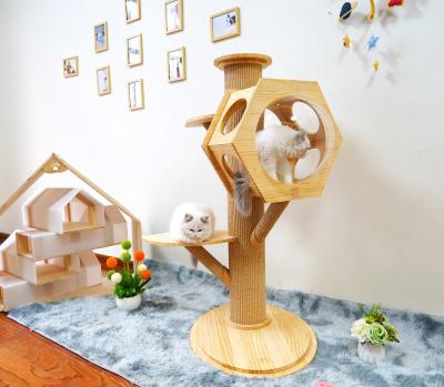 China Luxury Hexagon Wooden Pet Bed Cave Cat Climbing Tower With Space Capsule for sale