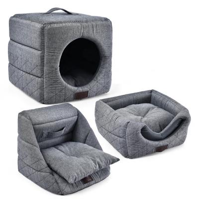 China 3 in 1 Vouwend Cat Cave Dir Resistant Comfortable-Huisdierenbed Grey Cat Bed House Te koop