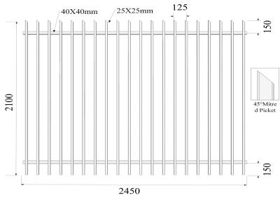중국 45' mitred picket 25mm x 25mm upright 40mm 2100mmx2450mm security garrison fencing panels 판매용
