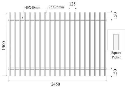 Κίνα Square picket 25mm x 25mm H1500mmxW2450mm Hercules Fencing Panels Rail 40mmx40mm Spacing 110mm προς πώληση