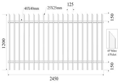 Κίνα 45-degree mitred picket 25mmx25mm 2 Rails 40mmx1.60mm H1200mmxW2450mm Hercules Fencing προς πώληση