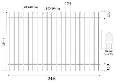 Κίνα Pressed Top Spear H1500mmxW2450mm Rail 40mmx2 Picket 19mmx19mm Hercules Fencing προς πώληση