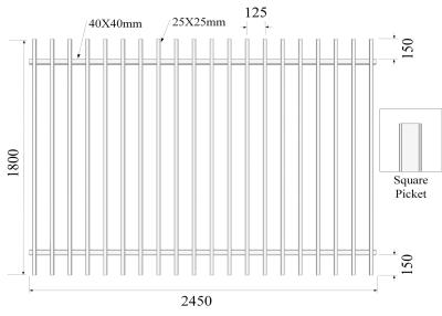 Κίνα Square Picket 25mmx25mm Diplomat Fencing H1800mmxW2400mm Rails 40mm x 2 Powder coated Black προς πώληση