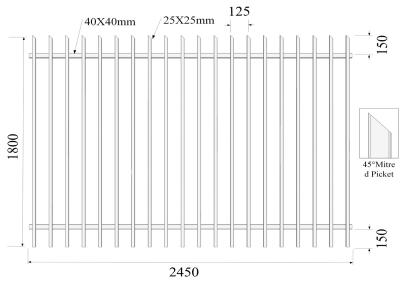 Κίνα Mitred 45 degree H1800mmxW2450mm 25mm picket diplomat Fencing rails 40mm προς πώληση