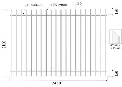 Upright 19mm x 19mm Tubing 45°mitre picket steel tubular hercules fence 2100mm height x 2450mm width