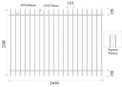 중국 Square Picket 19mm x 19mm Upright 2100mmx2450mm height 2 rails 40mmSHS powder coated black Garrison Fencing Panels 판매용