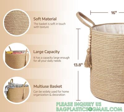 중국 storage Basket Decorative Rope Basket Wooden Bead Decoration For Blankets,Toys,Clothes,Shoes,Plant Organizer Bin 판매용
