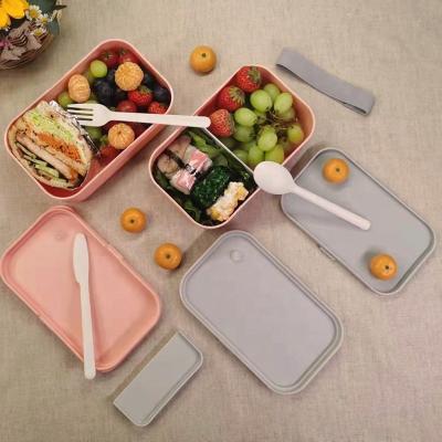 China Large Capacity 2000ml 2-layer BPA Free PP Pink Custom Storage Containers Box with Cutlery for sale