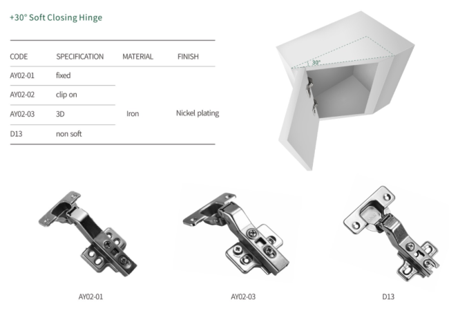 AY02 Multifunctional Soft Closing Nickel Plating Cabinet Door Hinge