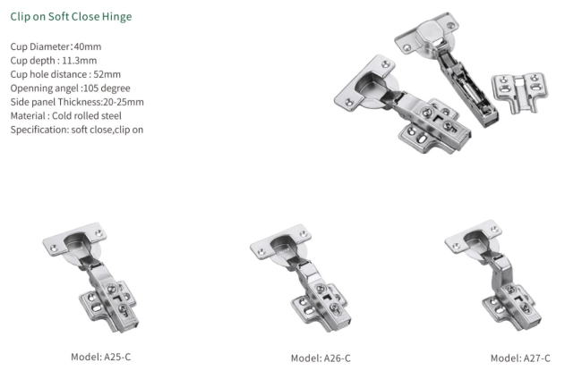 A25 40mm Cup Soft Closing Clip on Cupboard Hinge with Damper