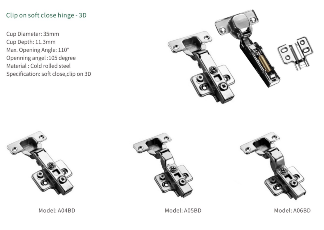 A04BD 110° 3D Clip on Soft Closing Cupboard Hinge supplier
