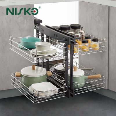 Китай Двухслойный вращающийся волшебный угловой шкаф вращающаяся корзина для кухонного хранения продается