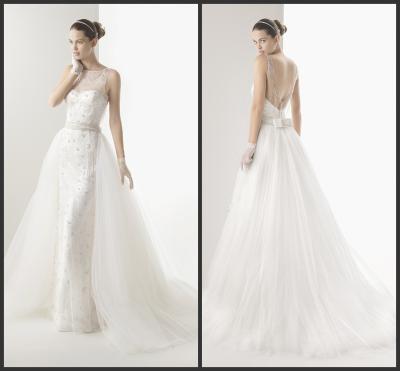 Cina I vestiti da sposa del mestolo della guaina delle donne bianche del pizzo con bordare gli abiti nuziali del treno con ampia scollatura sulla schiena di spazzata di Sash degli zecchini in vendita