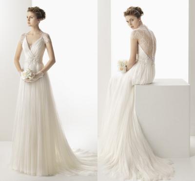 Cina Vestiti da sposa chiffoni dalla linea le donne increspate manica del cappuccio con l'applique del pizzo del fiore in vendita