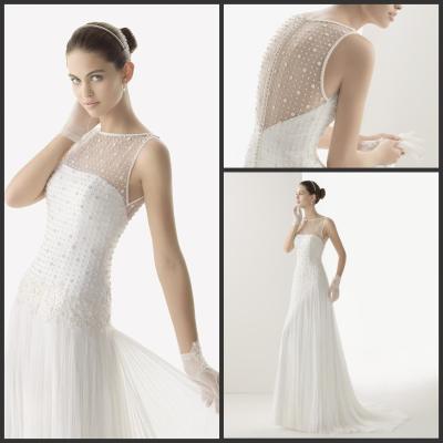 Cina treno chiffon di spazzata dell'alta del collo dei vestiti da sposa delle donne del Un-line della squadra delle perle piega posteriore pura dei fiori in vendita