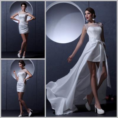Cina Vestiti da sposa dalle donne della manica del cappuccio del raso della guaina con il treno staccabile di applique del pizzo degli zecchini in vendita