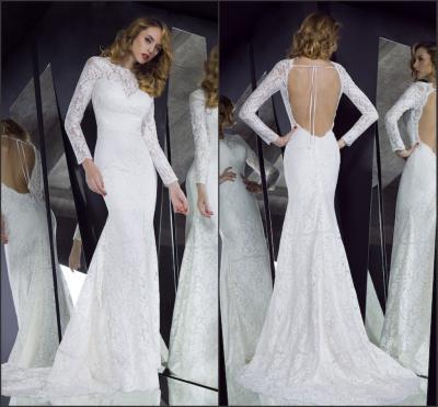 Cina Madre con ampia scollatura sulla schiena della manica del pizzo lungo della sirena dei vestiti dalla sposa con la scollatura di illusione in vendita