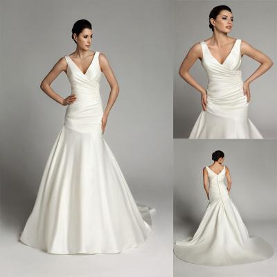 Cina Le pieghe coperte vestiti da sposa delle donne del collo a V del raso della sirena con l'applique in rilievo del fiore in vendita