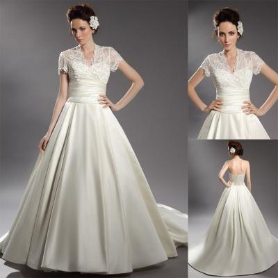 Cina Vestiti da sposa dalla linea le donne della manica di short del raso con il rivestimento in rilievo staccabile del pizzo in vendita
