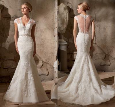 Cina I vestiti da sposa delle donne pure del pizzo del collo a V della sirena con i fiori in rilievo in vendita