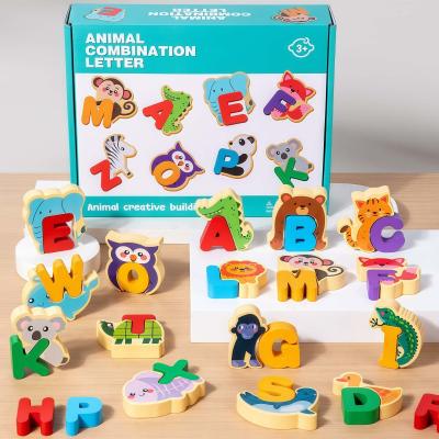 China Children Wooden Animal Letter Puzzle 26pcs Alphabets Cognitive Animal Matching Blocks Puzzle Toy Kids Educational Wooden Toy for sale