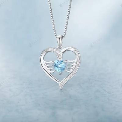 Cina YASVITTI 925 Sterling Silver Heart Topaz & Cubic Zirconia Angel Wing Pendant Necklace Romantic Jewelry for Women in vendita