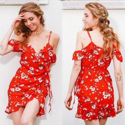 China Los fabricantes de ropa de China mantienen resbalón para mujer que la flor corta roja de encargo de la gasa viste mini en venta