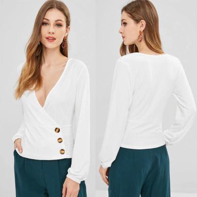 中国 長い袖の骨があるボタンをかけられたクロスオーバーの上のTシャツの衣類の女性 販売のため