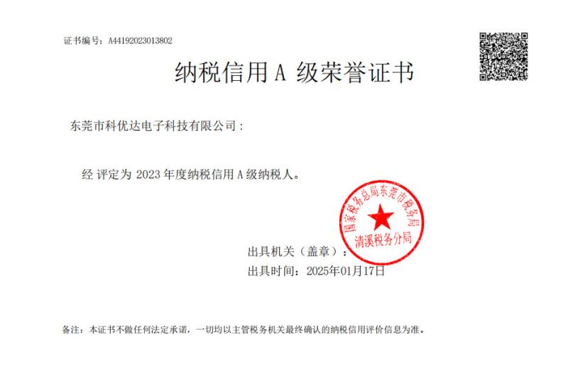 Tax Credit A-level Honor Certificate - Keyouda Electronic Technology Co.,ltd