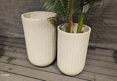 China Light Beige Vertically Arranged Thin Stripe Textures Round Fiber Clay Rooftop Gardens Pot for sale