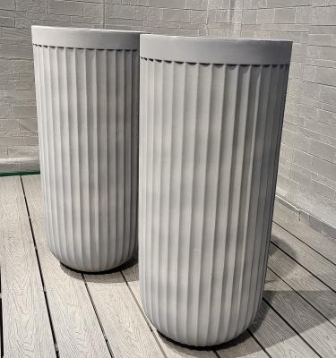 China Tall Cool-toned Gray Linear Dimension Round Fiber Clay Planter Deluxe Decoration Project for sale