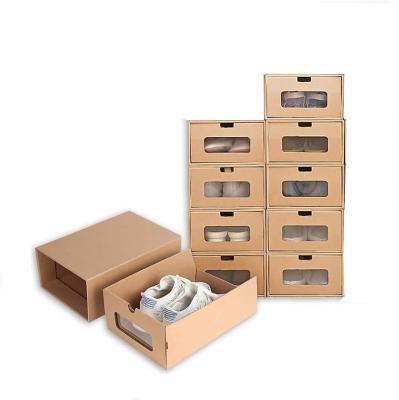 China Stackable Shoe Storage Box Heavy Kraft Paper Drawer Box Bring Transparent Window for sale