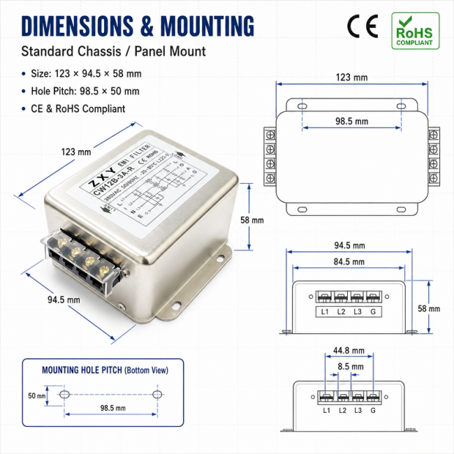 CW12B-3A-R three phase EMI RFI line filter front view with safety terminal cover