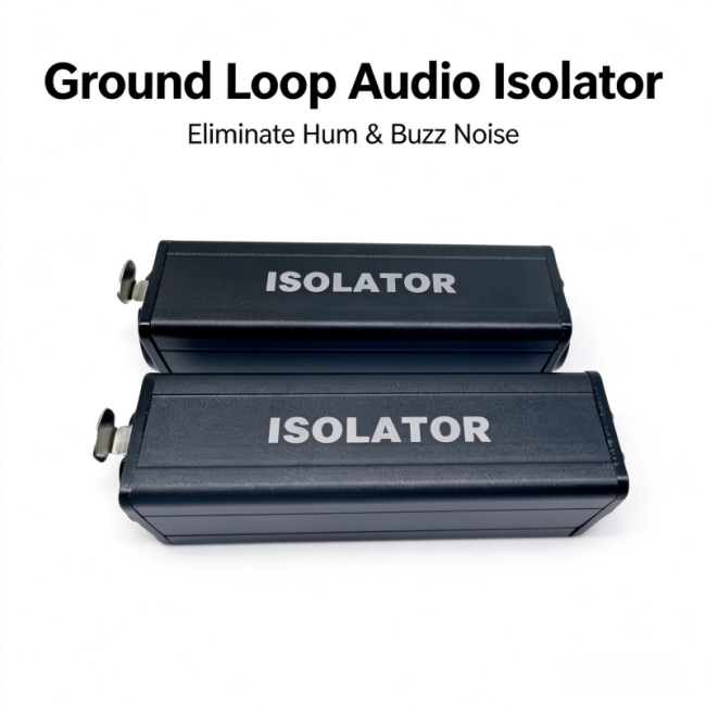 Audio isolator connected between mixer and RCA audio equipment in a typical setup