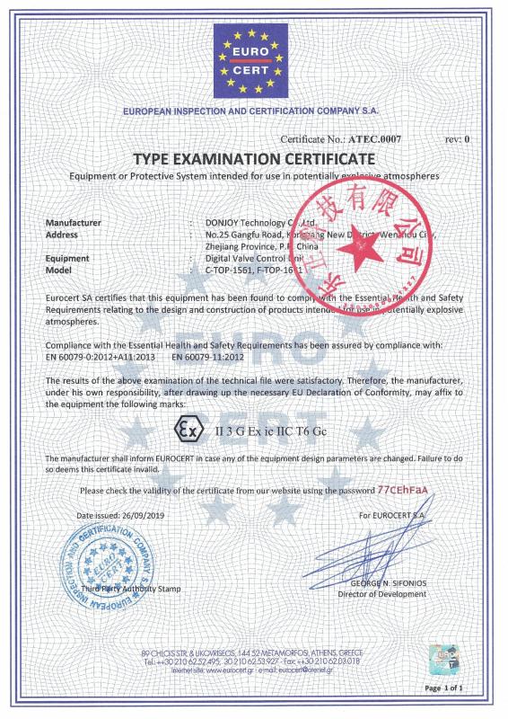 TYPE EXAMINATION CERTIFICATE - DONJOY TECHNOLOGY CO., LTD