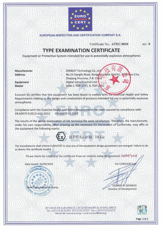 TYPE EXAMINATION CERTIFICATE - DONJOY TECHNOLOGY CO., LTD