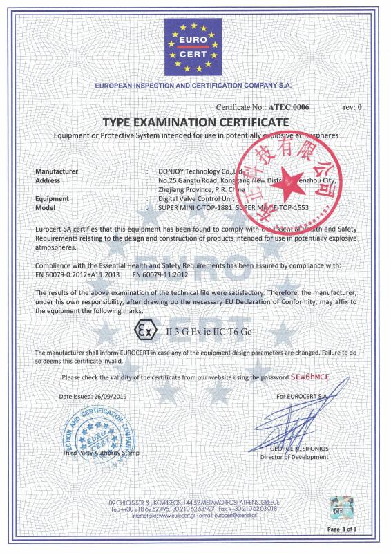 TYPE EXAMINATION CERTIFICATE - DONJOY TECHNOLOGY CO., LTD
