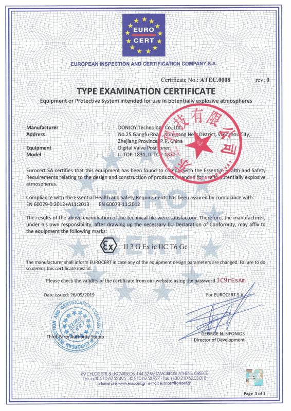 TYPE EXAMINATION CERTIFICATE - DONJOY TECHNOLOGY CO., LTD